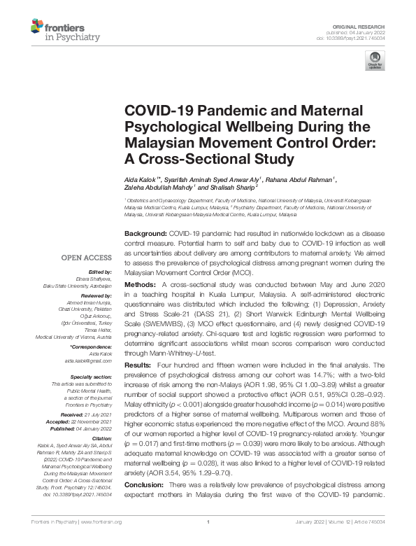 (PDF) COVID-19 Pandemic and Maternal Psychological Wellbeing During the Malaysian Movement ...