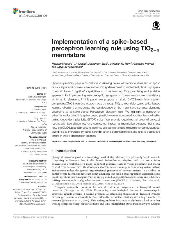 Pdf Implementation Of A Spike Based Perceptron Learning Rule Using Tio2−x Memristors Hesham 3642
