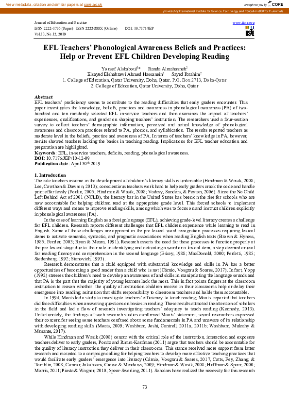 (PDF) EFL Teachers’ Phonological Awareness Beliefs and Practices: Help or Prevent EFL Children ...
