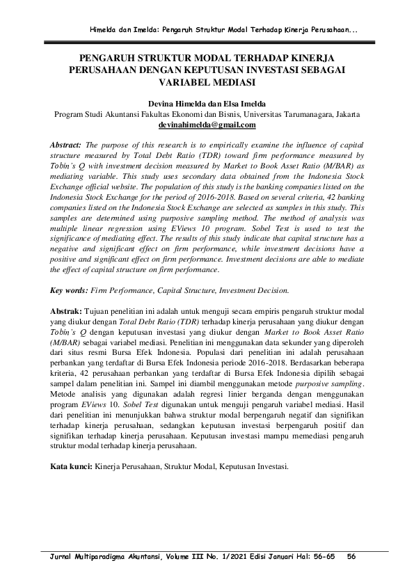 (PDF) Pengaruh Struktur Modal Terhadap Kinerja Perusahaan Dan Harga Saham Pada Perusahaan ...