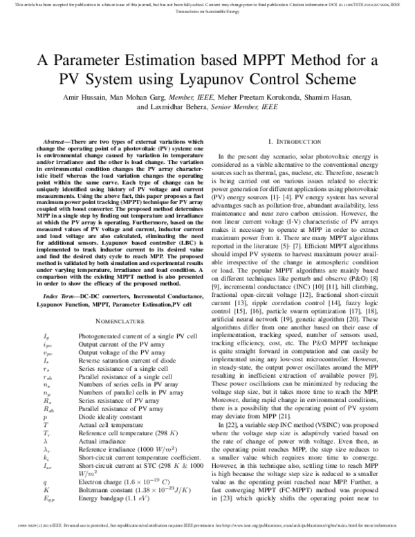 Pdf A Parameter Estimation Based Mppt Method For A Pv System Using 4921