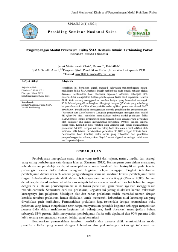(PDF) Pengembangan Modul Praktikum Fisika SMA Berbasis Inkuiri Terbimbing Pokok Bahasan Fluida ...