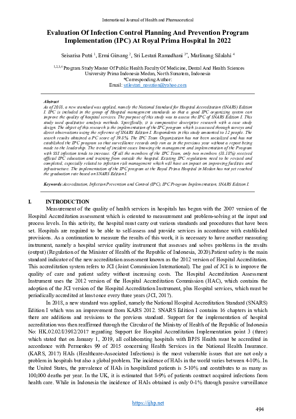 (PDF) Evaluation Of Infection Control Planning And Prevention Program ...