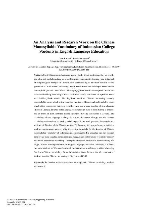 (PDF) An Analysis and Research Work on the Chinese Monosyllabic ...