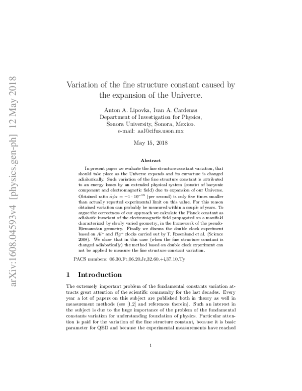 (PDF) Variation of the fine-structure constant caused by expansion of ...