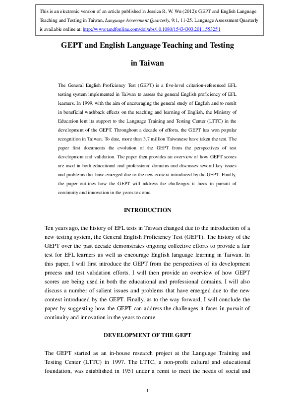 (PDF) GEPT and English Language Teaching and Testing in Taiwan