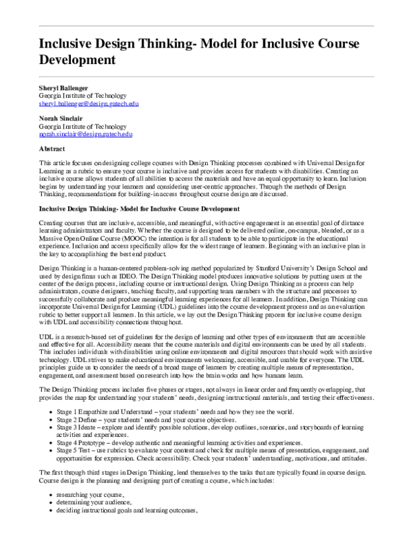 (PDF) Inclusive Design Thinking- Model for Inclusive Course Development