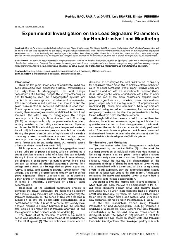 Pdf Experimental Investigation On The Load Signature Parameters For Non Intrusive Load Monitoring