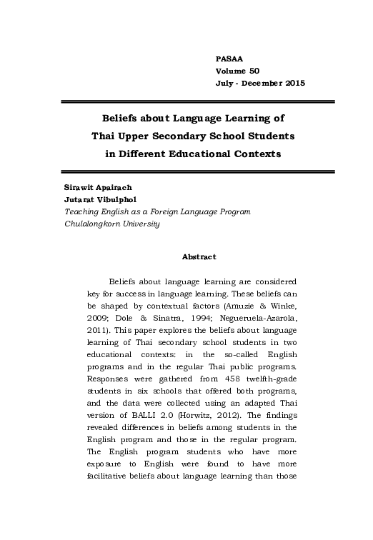 (PDF) Beliefs about Language Learning of Thai Upper Secondary School Students in Different ...