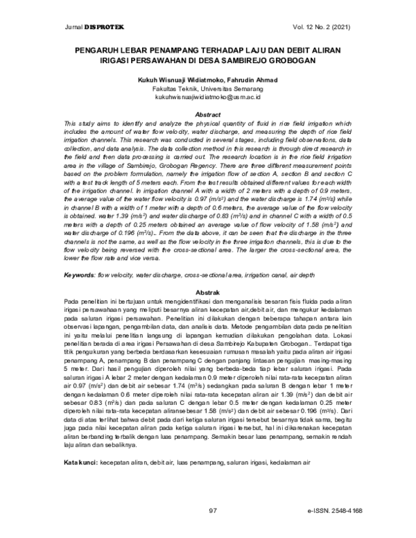 (PDF) Pengaruh Lebar Penampang Terhadap Laju Dan Debit Aliran Irigasi ...