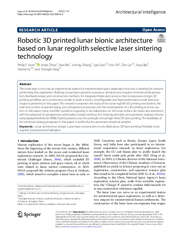 (PDF) Robotic 3D printed lunar bionic architecture based on lunar regolith selective laser ...