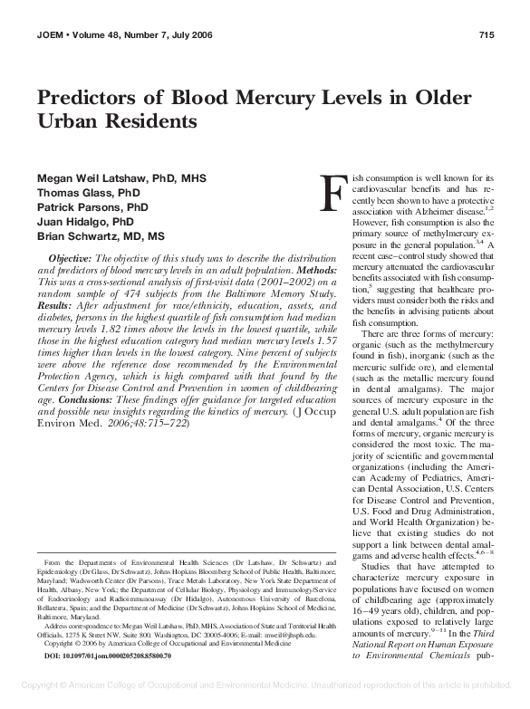 (PDF) Predictors of Blood Mercury Levels in Older Urban Residents