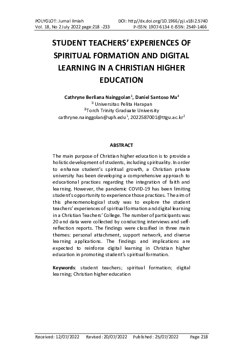(PDF) Student Teacher’s Experiences of Spiritual Formation and Digital Learning in a Christian ...