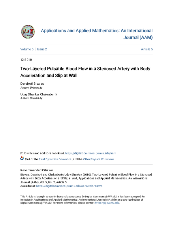 (PDF) Two-Layered Pulsatile Blood Flow in a Stenosed Artery with Body Acceleration and Slip at ...