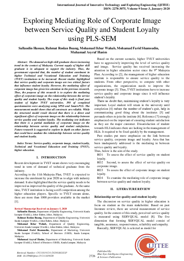 (PDF) Exploring Mediating Role of Corporate Image between Service Quality and Student Loyalty ...