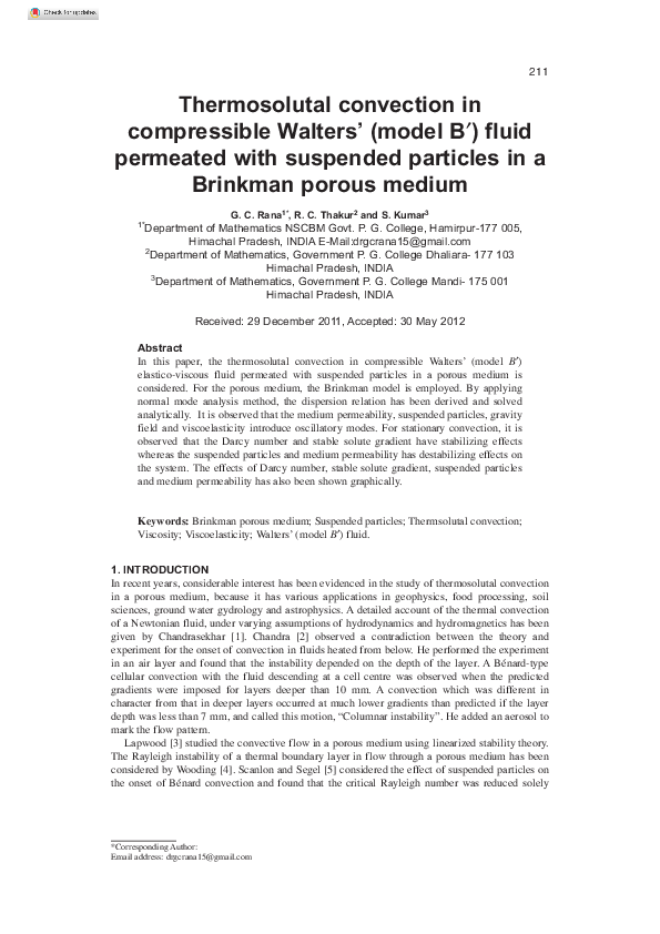 (PDF) Thermosolutal Convection in Compressible Walters' (Model B′) Fluid Permeated with ...