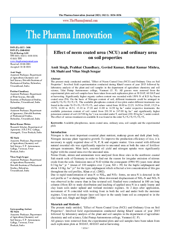 (PDF) Effect of neem coated urea (NCU) and ordinary urea on soil properties
