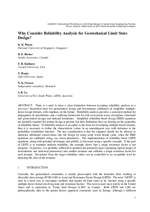 (PDF) Why Consider Reliability Analysis for Geotechnical Limit State Design?