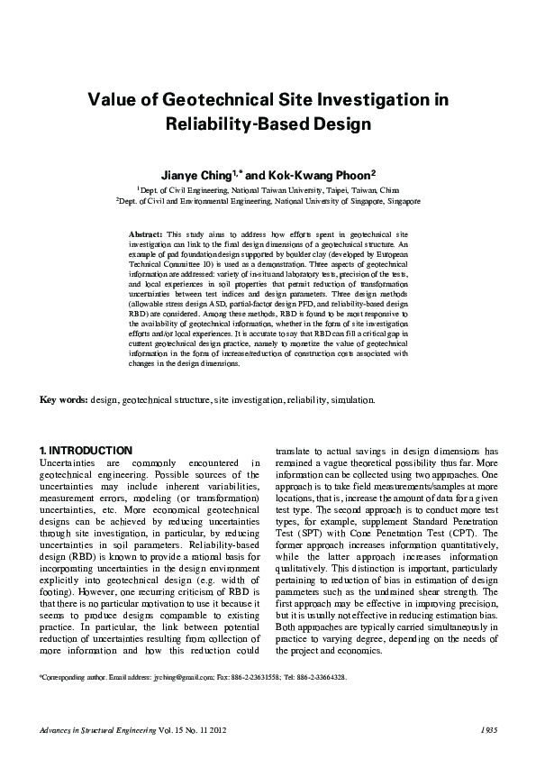 (PDF) Value of Geotechnical Site Investigation in Reliability-Based Design