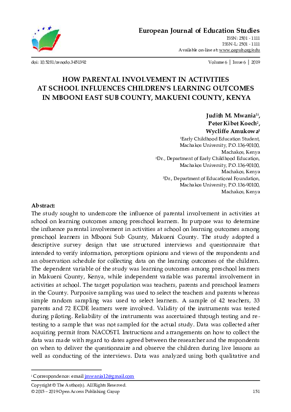 (PDF) How Parental Involvement in Activities at School Influences ...
