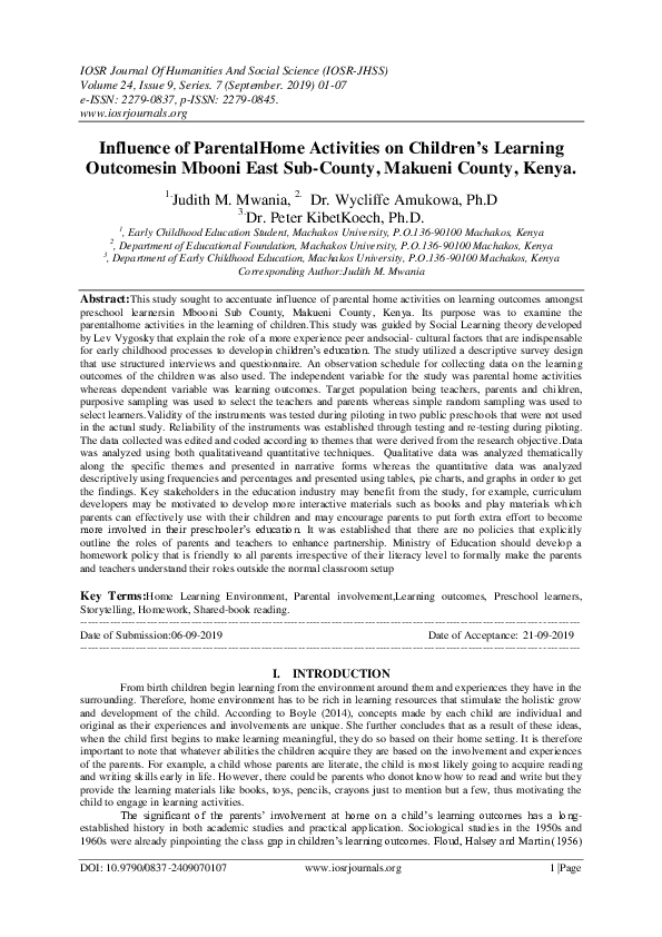 (PDF) Influence of Parental Home Activities on Children’s Learning ...