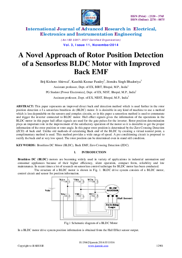 Pdf A Novel Approach Of Rotor Position Detectionof A Sensorless Bldc Motor With Improvedback Emf