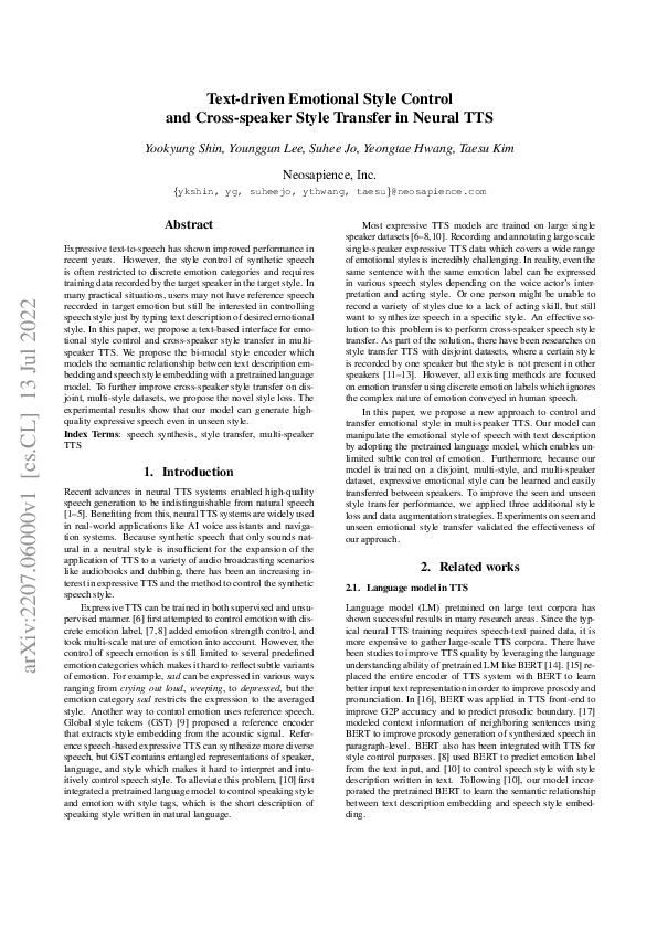 (PDF) Text-driven Emotional Style Control and Cross-speaker Style Transfer in Neural TTS