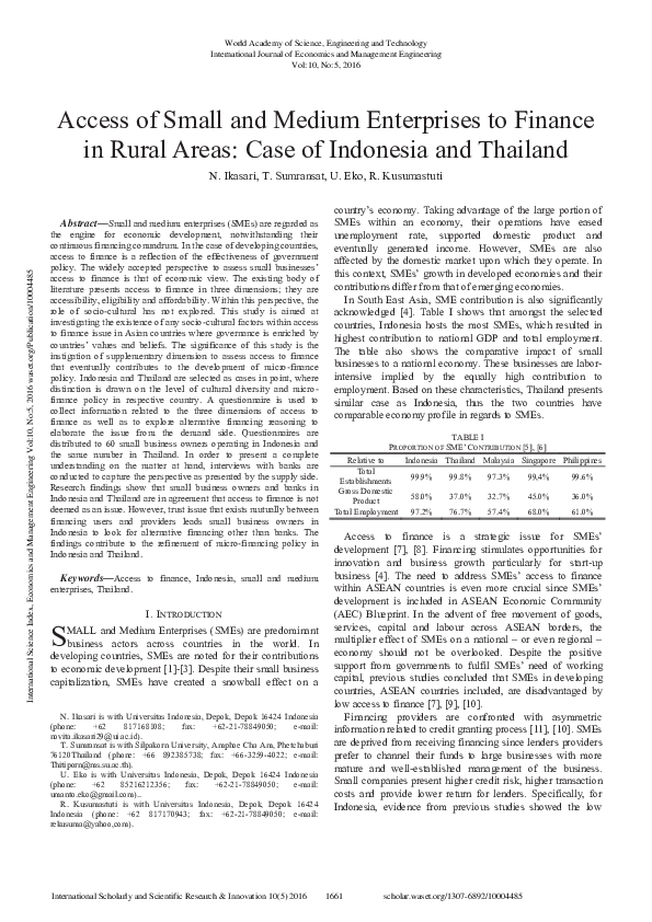 (PDF) Access Of Small And Medium Enterprises To Finance In Rural Areas ...