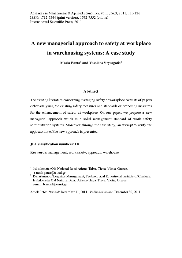 (PDF) A new managerial approach to safety at workplace in warehousing systems: A case study
