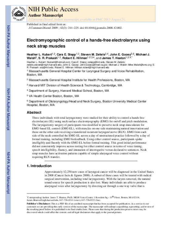 (PDF) Electromyographic control of a hands-free electrolarynx using neck strap muscles