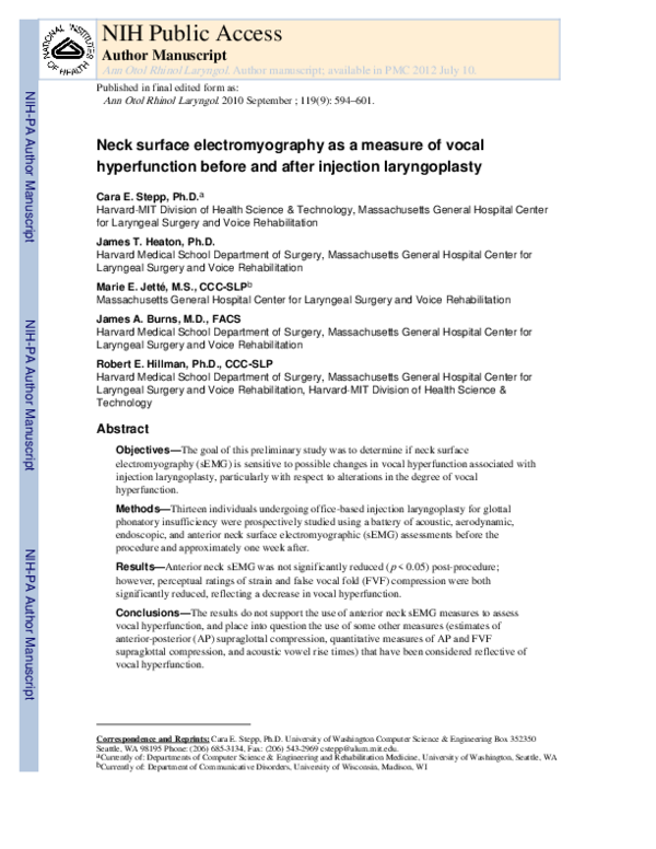 (PDF) sEMG in Assessing Vocal Hyperfunction Pre- and Post-Laryngoplasty
