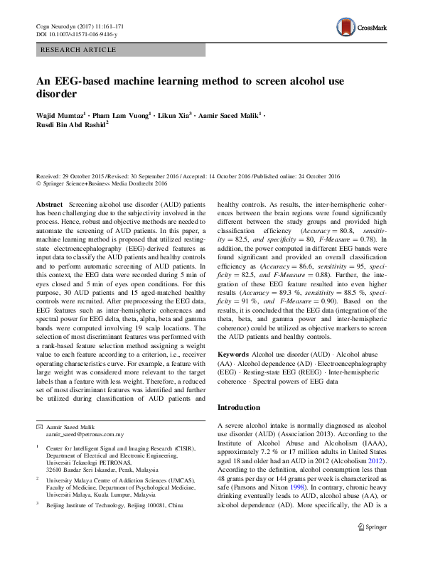 (PDF) An EEG-based machine learning method to screen alcohol use disorder
