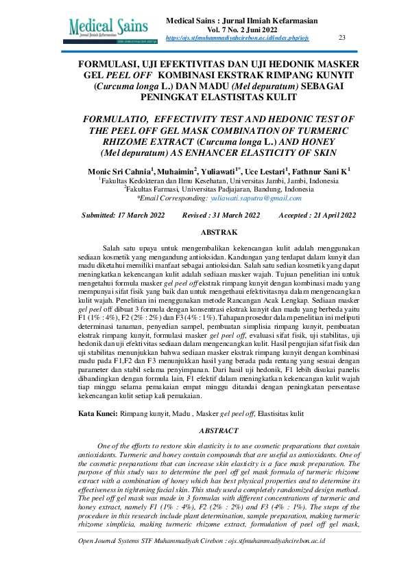 (PDF) FORMULASI, UJI EFEKTIVITAS DAN UJI HEDONIK MASKER GEL PEEL OFF ...