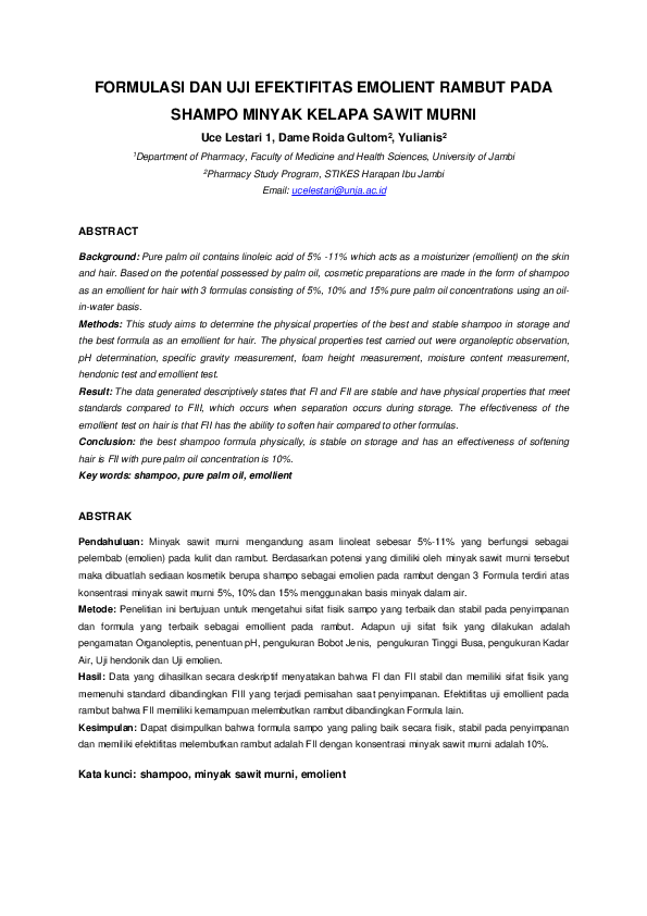 (PDF) Formulasi Dan Uji Efektifitas Emolient Rambut Formulasi Dan Uji ...
