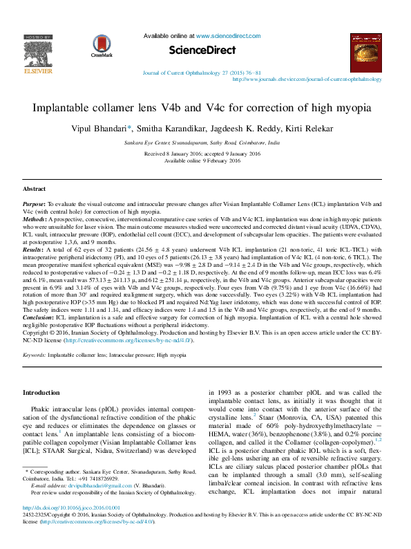 (PDF) Implantable collamer lens V4b and V4c for correction of high myopia