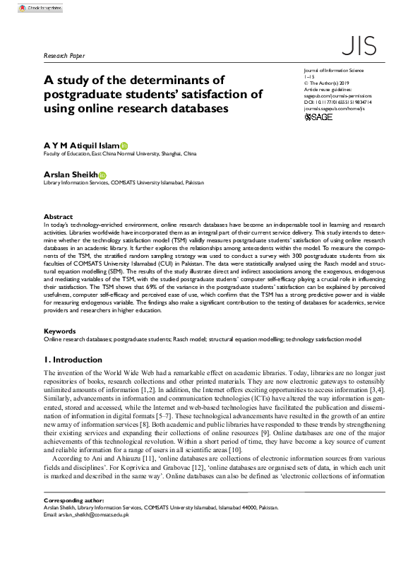 (PDF) A study of the determinants of postgraduate students’ satisfaction of using online ...