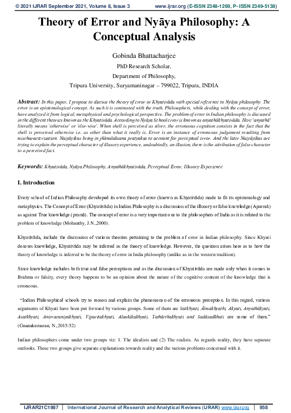 (PDF) Theory of Error and Nyaya Philosophy: A Conceptual Analysis