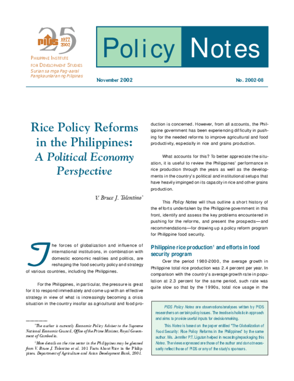 (PDF) Rice Policy Reforms in the Philippines: A Political Economy ...