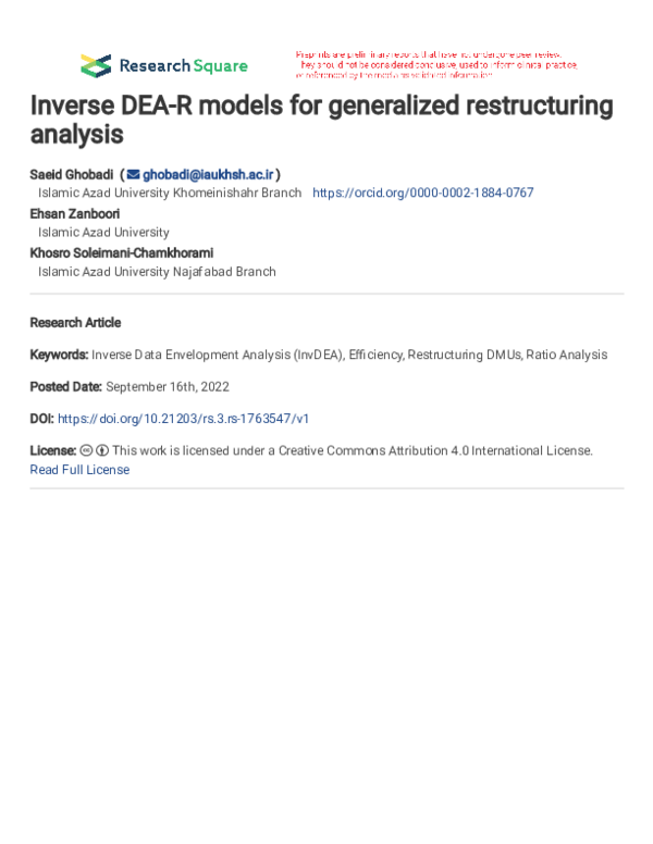 (PDF) Inverse DEA-R models for generalized restructuring analysis