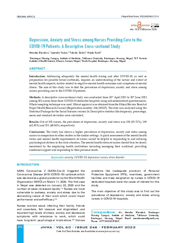 (PDF) Depression, Anxiety and Stress among Nurses Providing Care to the COVID-19 Patients: A ...
