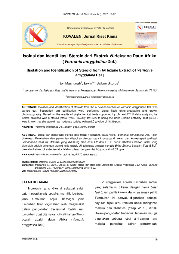 (PDF) Isolasi dan Identifikasi Steroid dari Ekstrak N-Heksana Daun ...