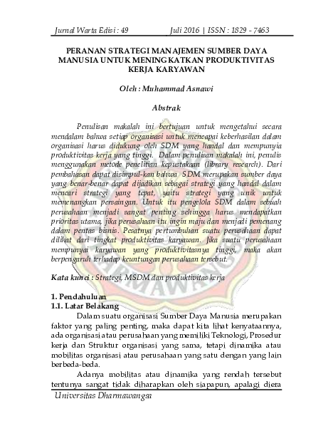(PDF) Peranan Strategi Manajemen Sumber Daya Manusia Untuk Meningkatkan Produktivitas Kerja Karyawan