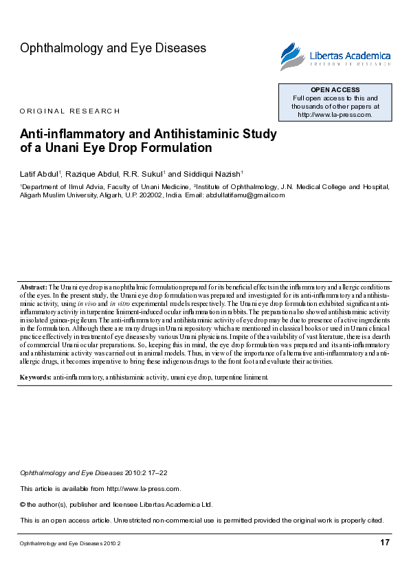 (PDF) Anti-inflammatory and Antihistaminic Study of a Unani Eye Drop ...