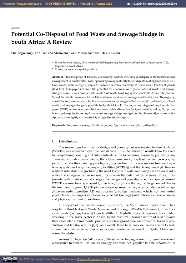 (PDF) Potential Co-Disposal of Food Waste and Sewage Sludge in South ...