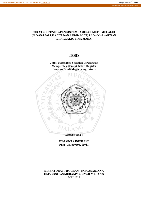 (PDF) STRATEGI PENERAPAN SISTEM JAMINAN MUTU MELALUI(ISO 9001:2015, HACCP DAN SJH/HrACCP) PADA ...