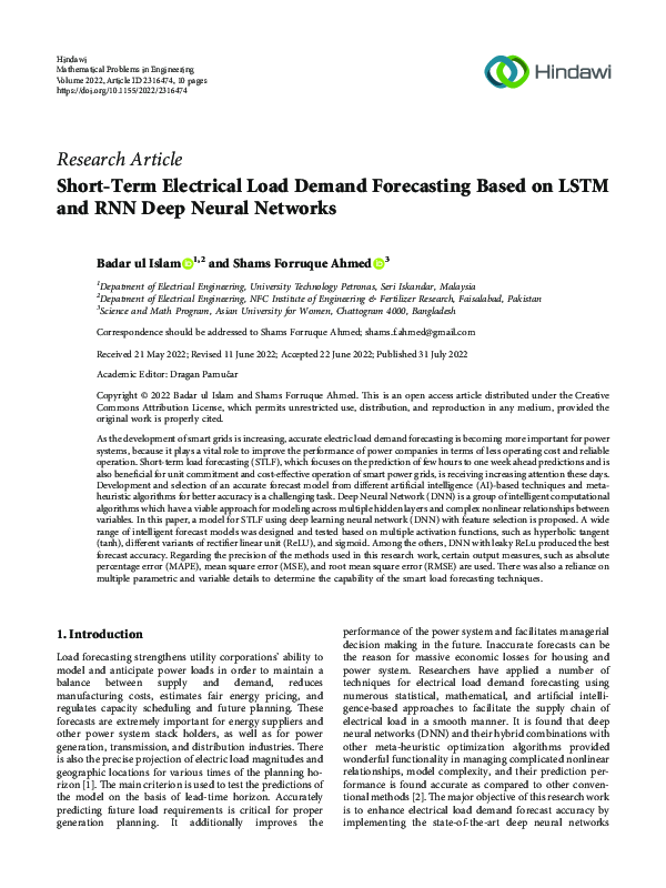 (PDF) Short-Term Electrical Load Demand Forecasting Based on LSTM and RNN Deep Neural Networks