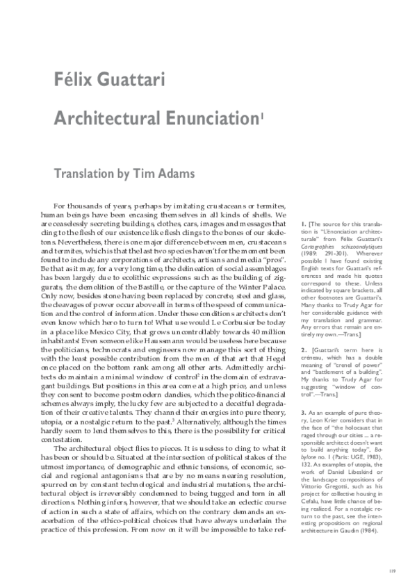 (PDF) Félix Guattari: Architectural Enunciation