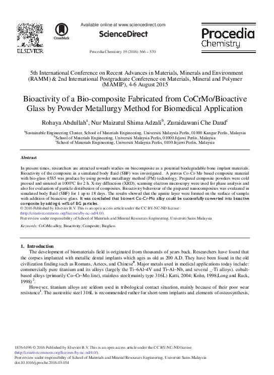 (PDF) Bioactivity of a Bio-composite Fabricated from CoCrMo/Bioactive Glass by Powder Metallurgy ...