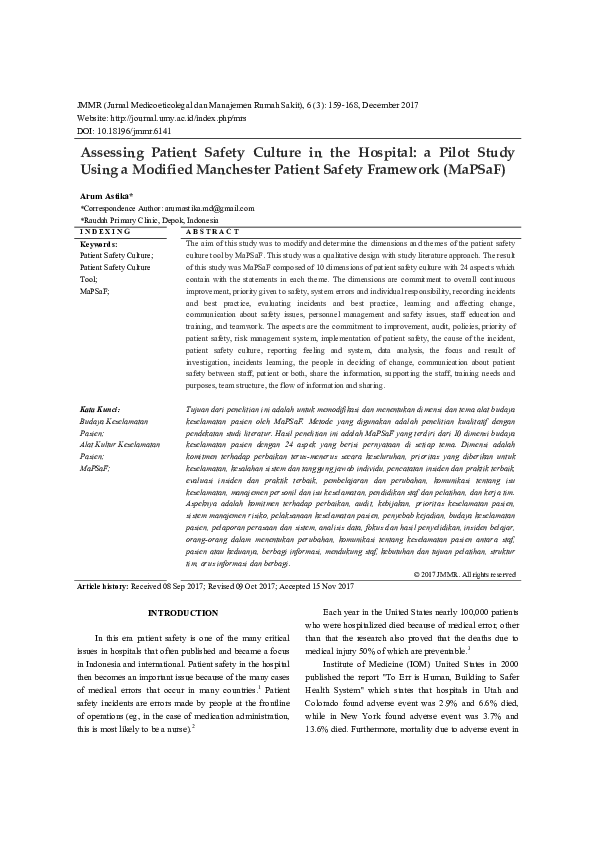 (PDF) Assessing Patient Safety Culture in the Hospital: a Pilot Study ... (PDF) Assessing Patient Safety Culture in the Hospital: a Pilot Study ...