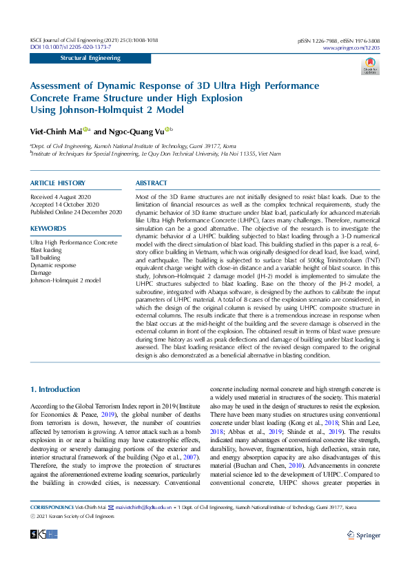 Pdf Assessment Of Dynamic Response Of 3d Ultra High Performance Concrete Frame Structure Under